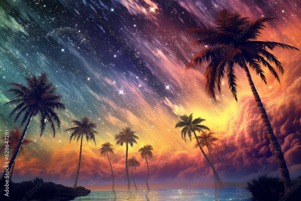 Cosmic Oasis: An abstract representation of palm trees set against a ...