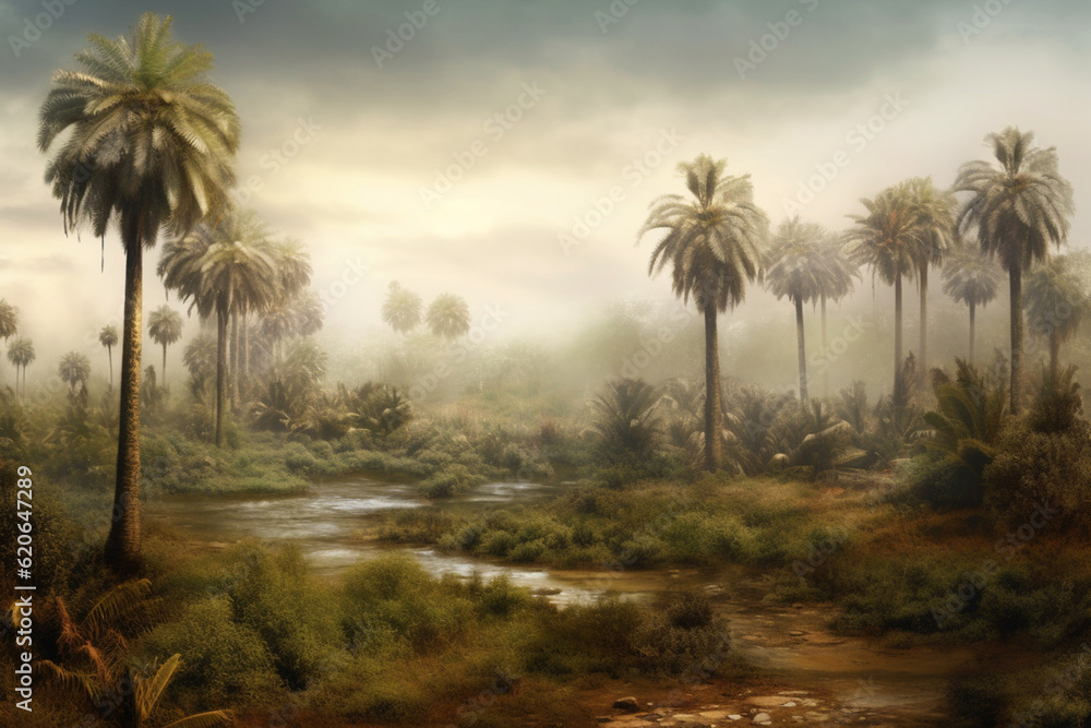 Mysterious Palm Enclave: An enigmatic scene of palm trees in a surreal ...