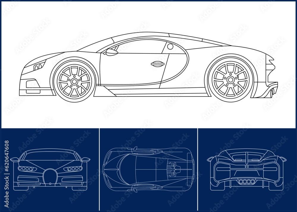 Sport Car template. Transportation outline stroke template. Blueprint ...