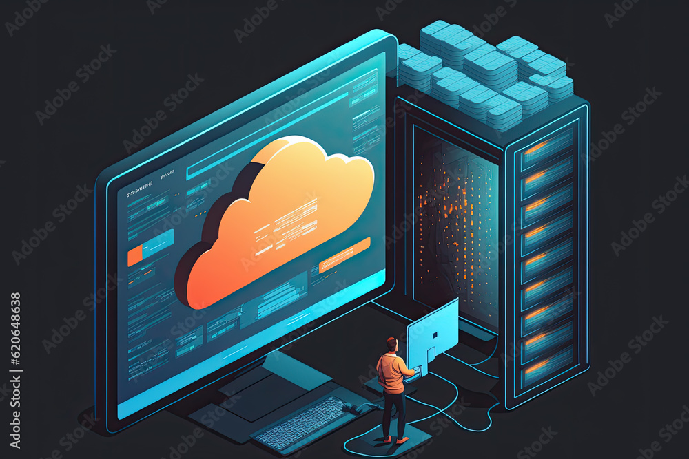 Isometric Database And Cloud File Storage Convenience And Data Security Standing Businessman
