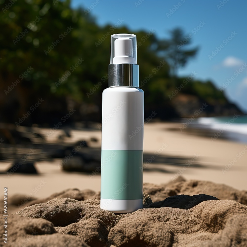 blank customizable sunscreen product on a beach holiday background ...