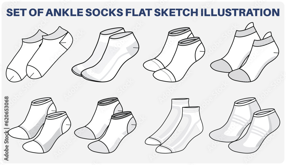 Set of Ankle length Socks flat sketch fashion illustration drawing ...