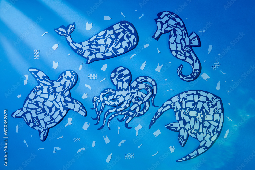 Microplastic trash planet pollution concept with marine animal Stock ...