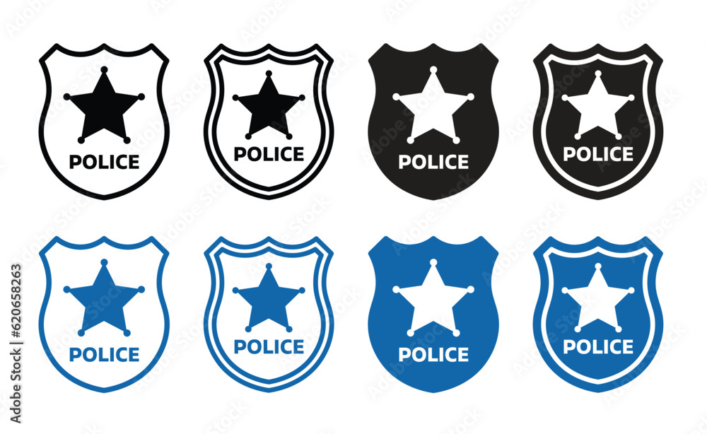 Police officer badge icon set in black and blue color. Cop officer ...
