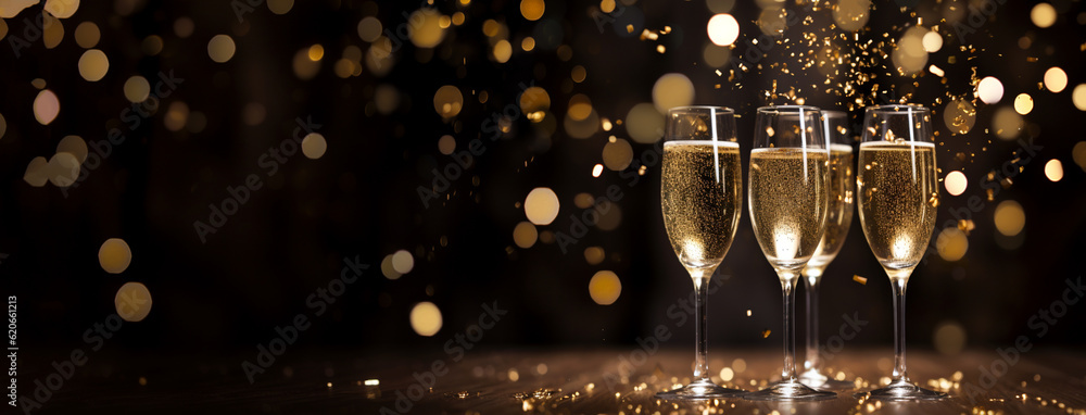 Champagne for festive cheers with gold sparkling bokeh background ...