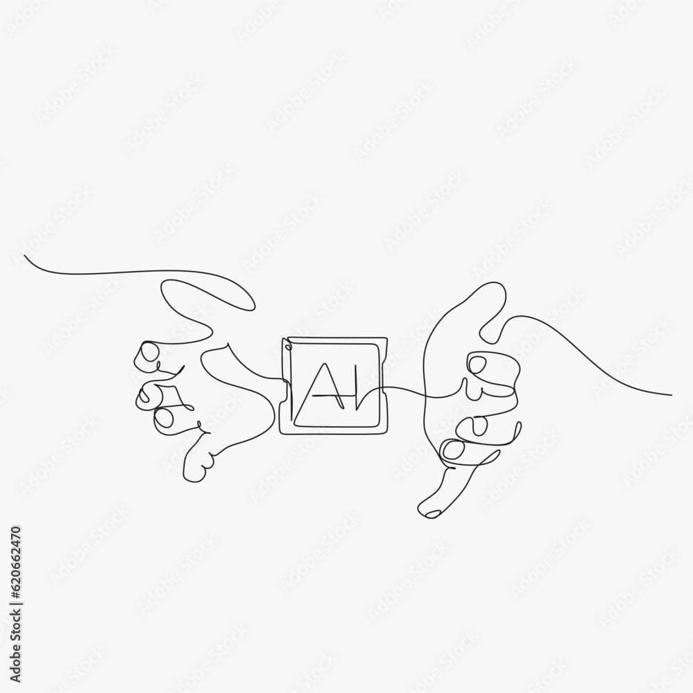 Continuous Line art Hands touching brain of AI, Symbolic, Machine ...
