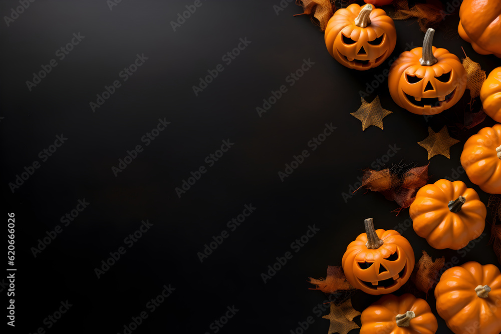 Happy halloween flat lay mockup with pumpkins and leaves on black ...
