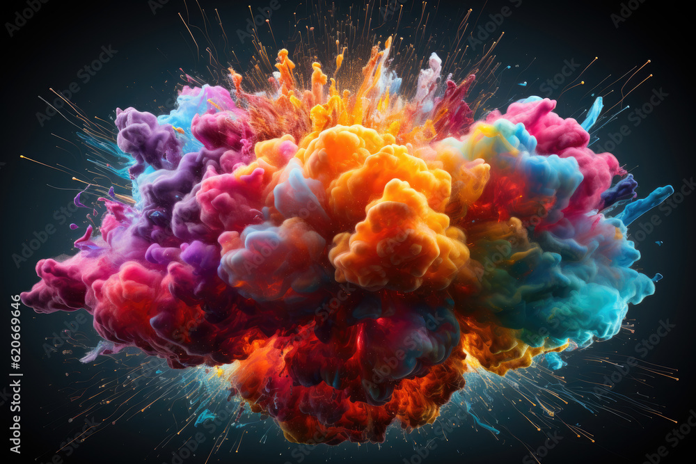 Poster, Foto Illustration of a brain exploding in colors, symbolizing ...