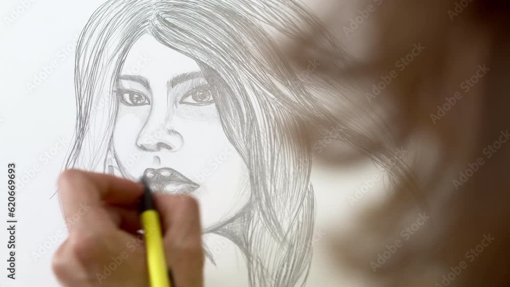 The artist draws a pencil portrait of a young beautiful woman. The ...