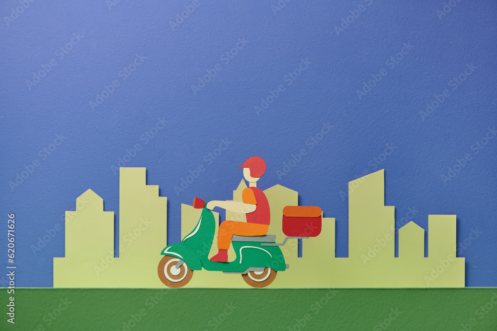 Courier Or Delivery Man Riding Scooter Carrying Food Parcel Packs Stock