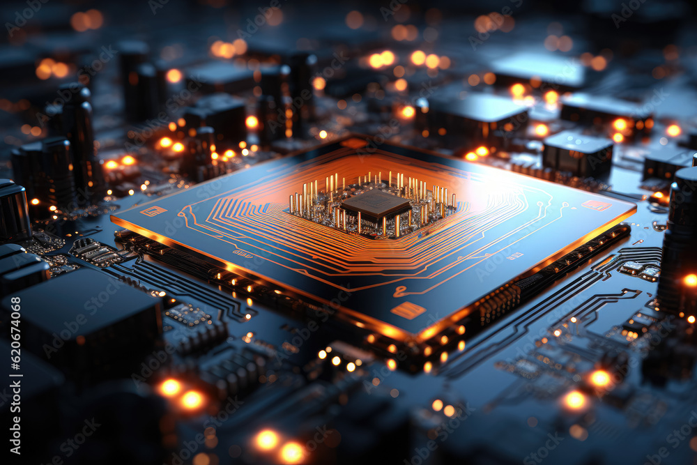 An abstract depiction of a futuristic electronic circuit technology ...