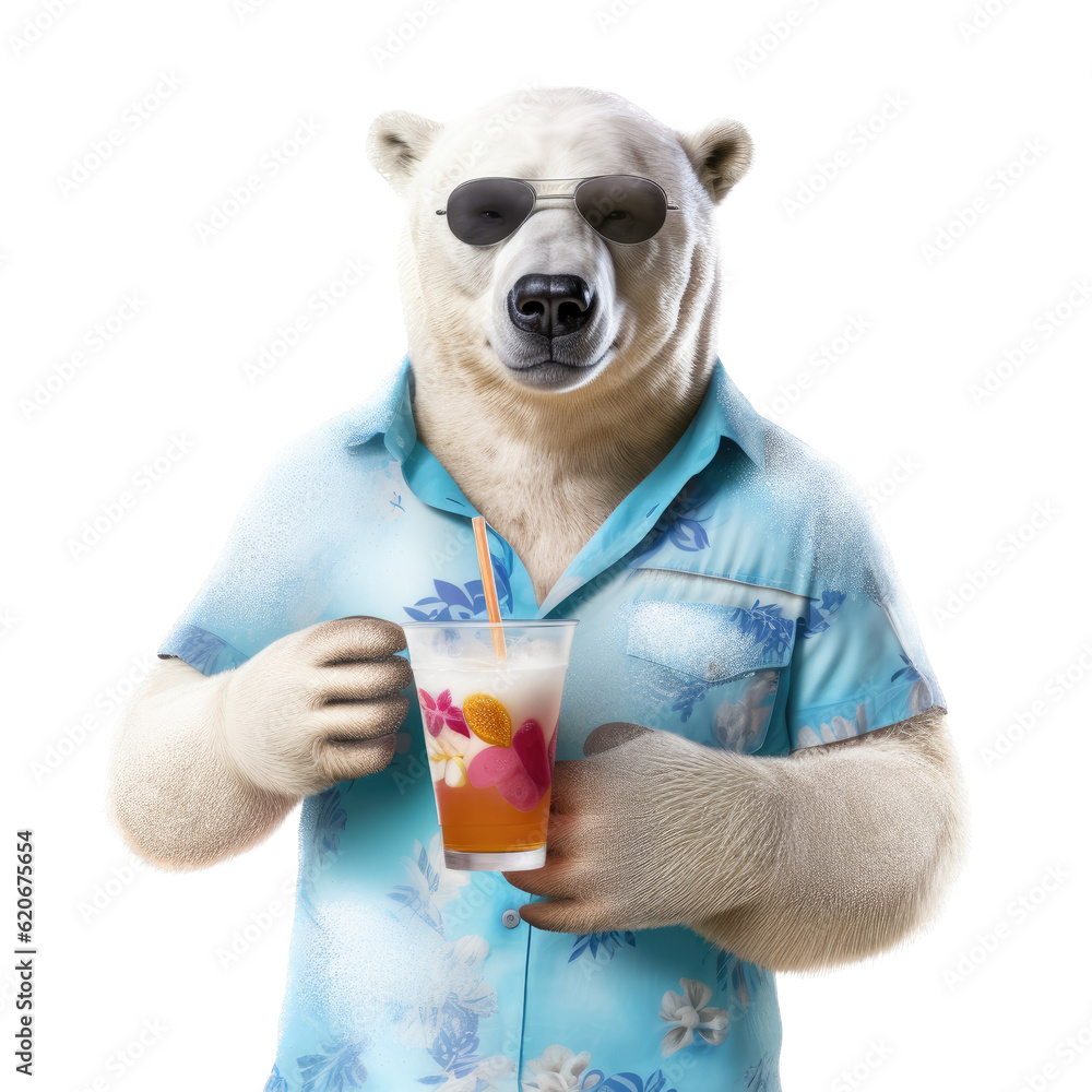 a Polar bear as a party animal, in a cool Hawaiian shirt holding a ...