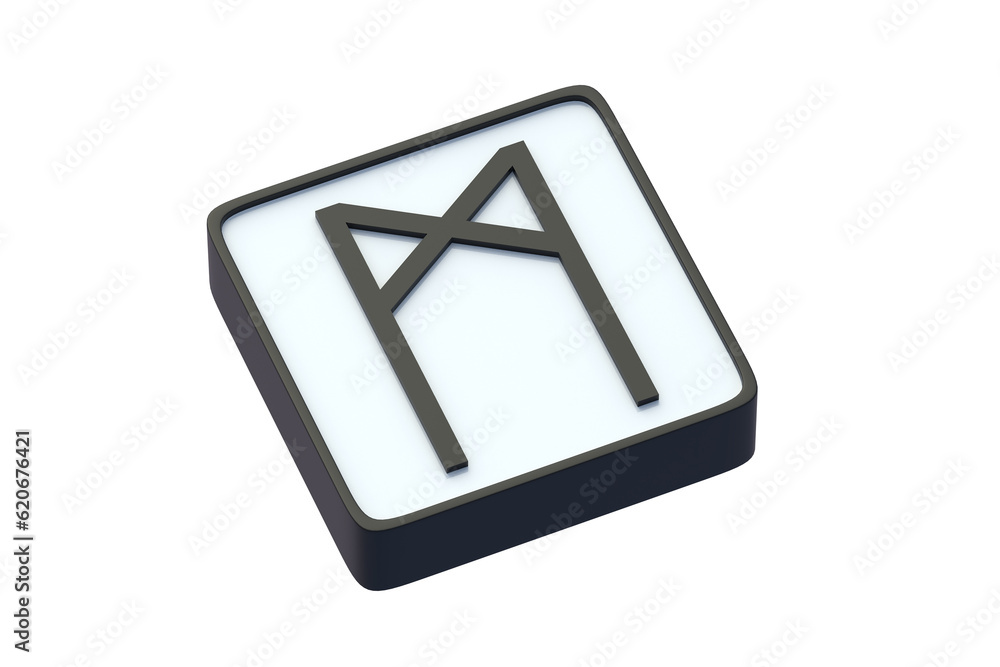 Mannaz rune on button isolated on white background. Ancient german alphabet. Mystical symbol ...