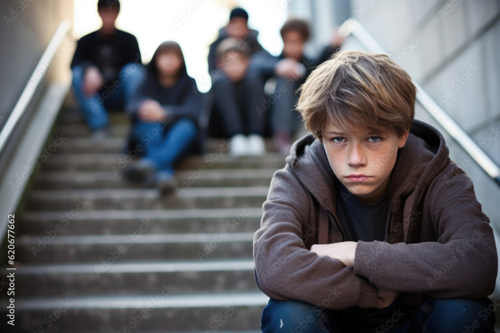Depressed school boy sitting alone at stairs. Victim of school bullying ...