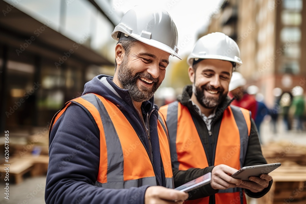 Smiling construction workers checking their smartphones and tablets at ...