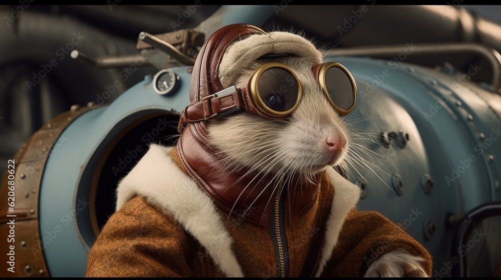 a ferret wearing a pilot's outfit and goggles in front of a steampunk ...