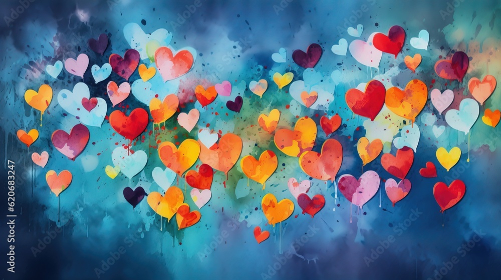 a painting of many hearts floating in the air on a blue background with ...