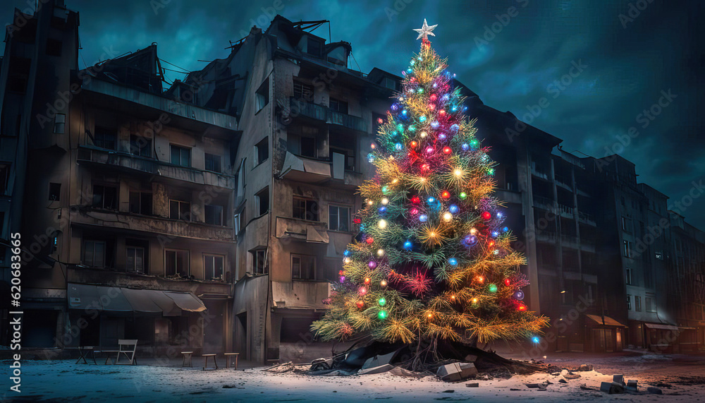 Christmas tree in a war torn city and destroyed buildings Concept of ...
