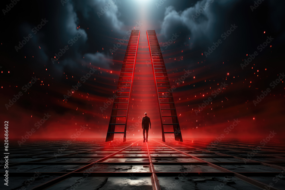 Highlights a long red ladder leading to a goal target, symbolizing ...