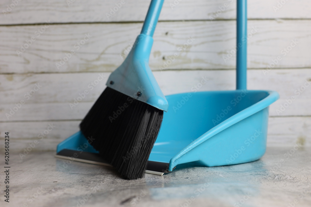 Broom with brush and dustpan. Blue plastic kit for cleaning trash and ...