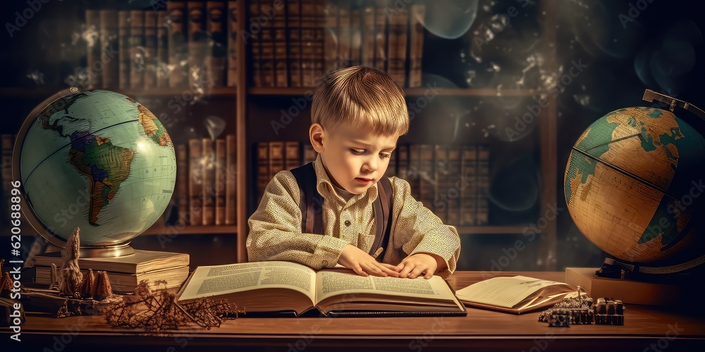 Generative AI. Young learner sitting at the desk. Little child sitting ...
