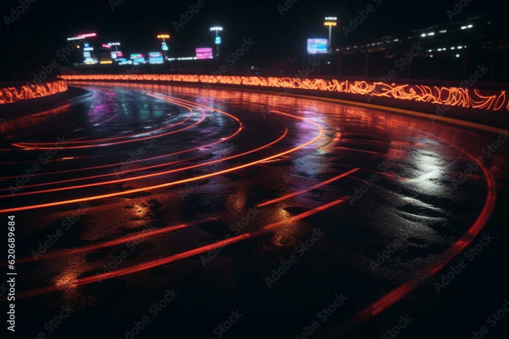 Wallpaper of night race track with curved asphalt, backlit racing, neon ...