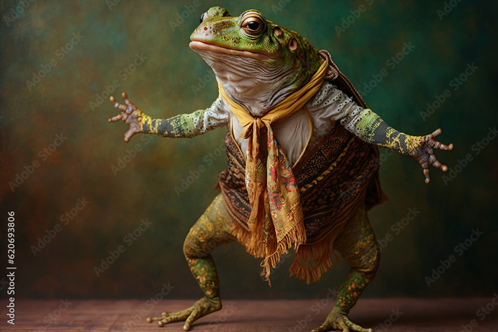 Studio portrait of frog in boho clothes joyfully dancing, created with Generative AI technology ...