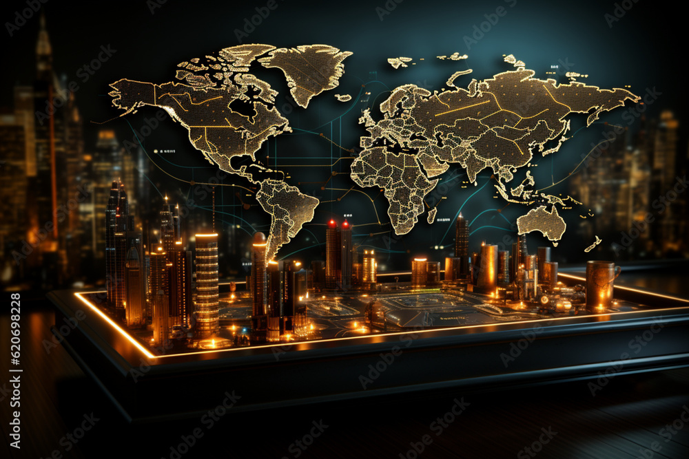 World map backdrop with finance chart, symbolizing global economy ...