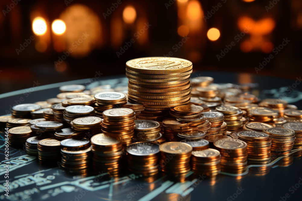 Banking system concept visualized with coins stack on percentage model ...