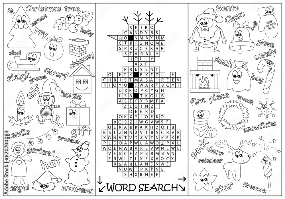 Christmas word search crossword puzzle. Logic game for learning English ...