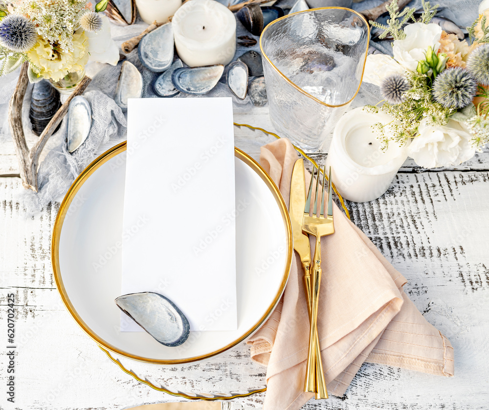 Festive wedding, birthday, party table setting with cutlery and plate ...