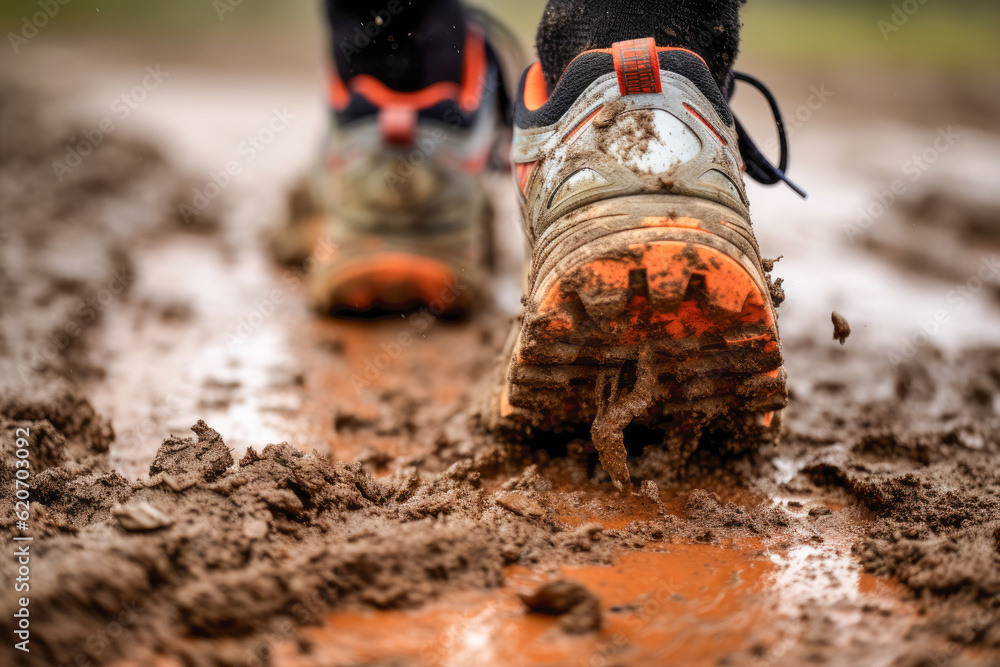 Ultramarathon runner's muddy and worn-out trail shoes, highlighting the ...