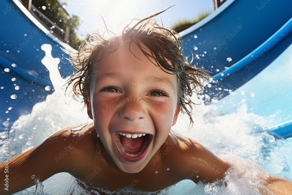 A child sliding down a waterslide into a pool, their face filled with ...