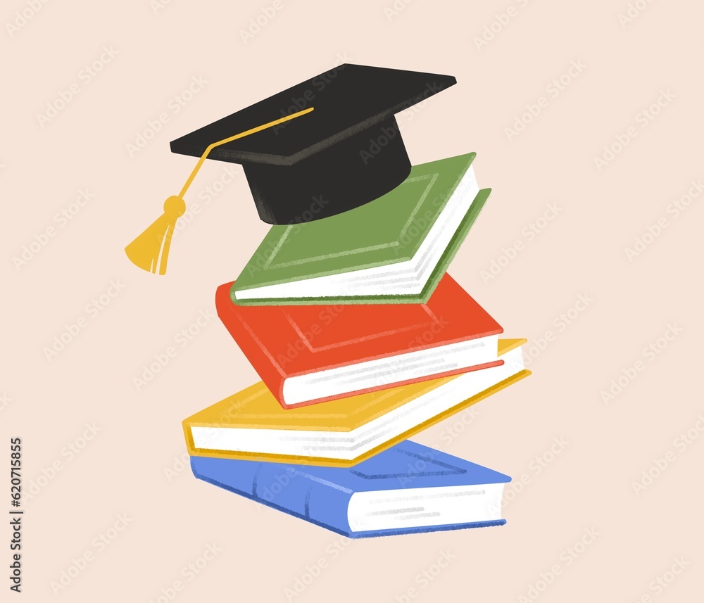 Colorful books, academic hat on top. Graduation, back to school idea ...