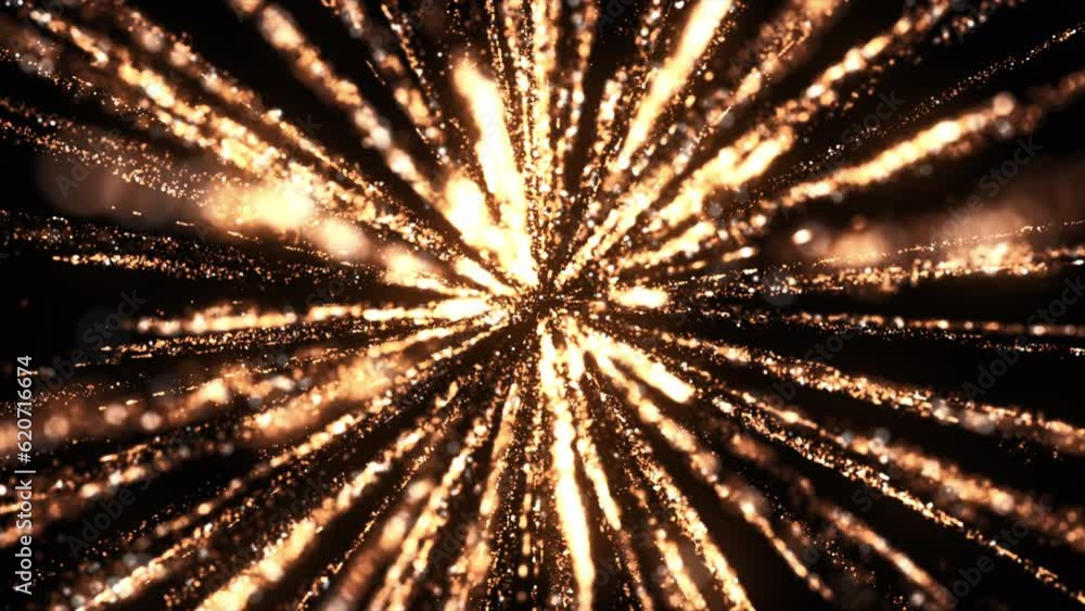 Bright gold fireworks background. Glowing lines and particles forming a ...