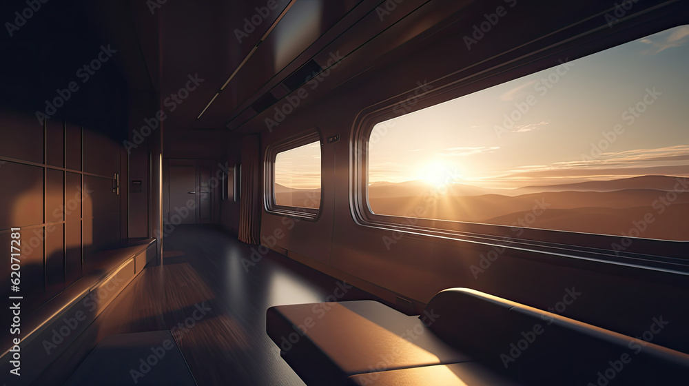 modern interior of a train car with the sun setting in the distance ...