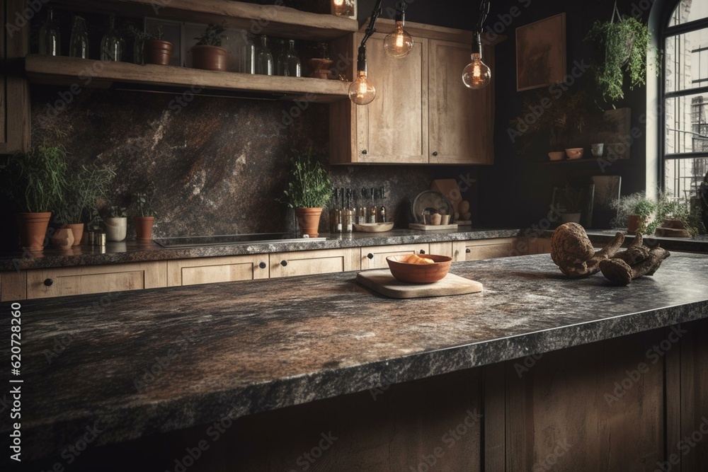 Rustic kitchen stone with quartz counter on slab surface. Generative AI ...