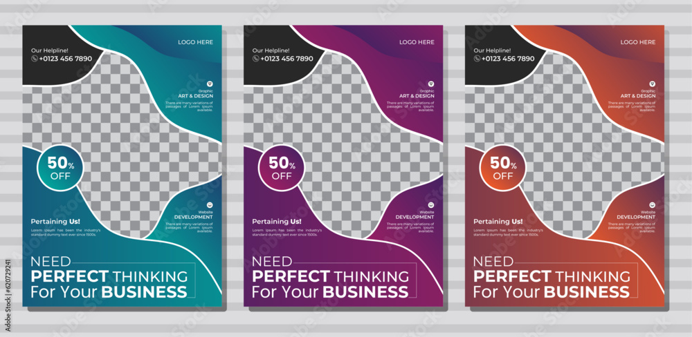 A4 size vector Gradient 3 Set of various Color Flyer design for Online ...