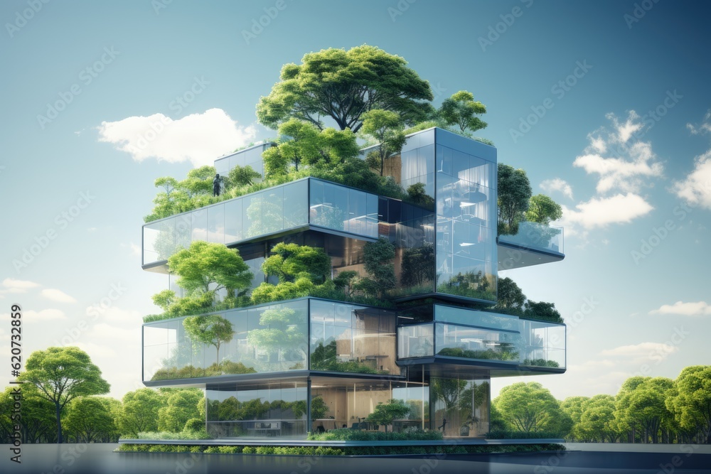 Modern environmentally friendly building. Sustainable glass office with ...