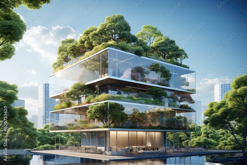 Modern environmentally friendly building. Sustainable glass office with ...