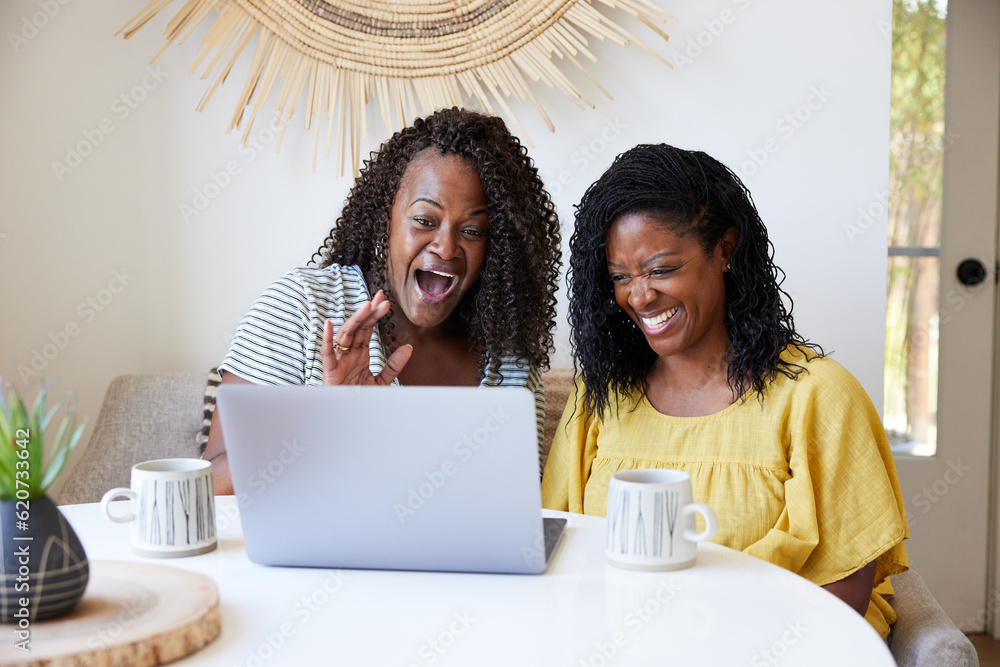 Black girlfriends doing a zoom call together on computer surprised ...