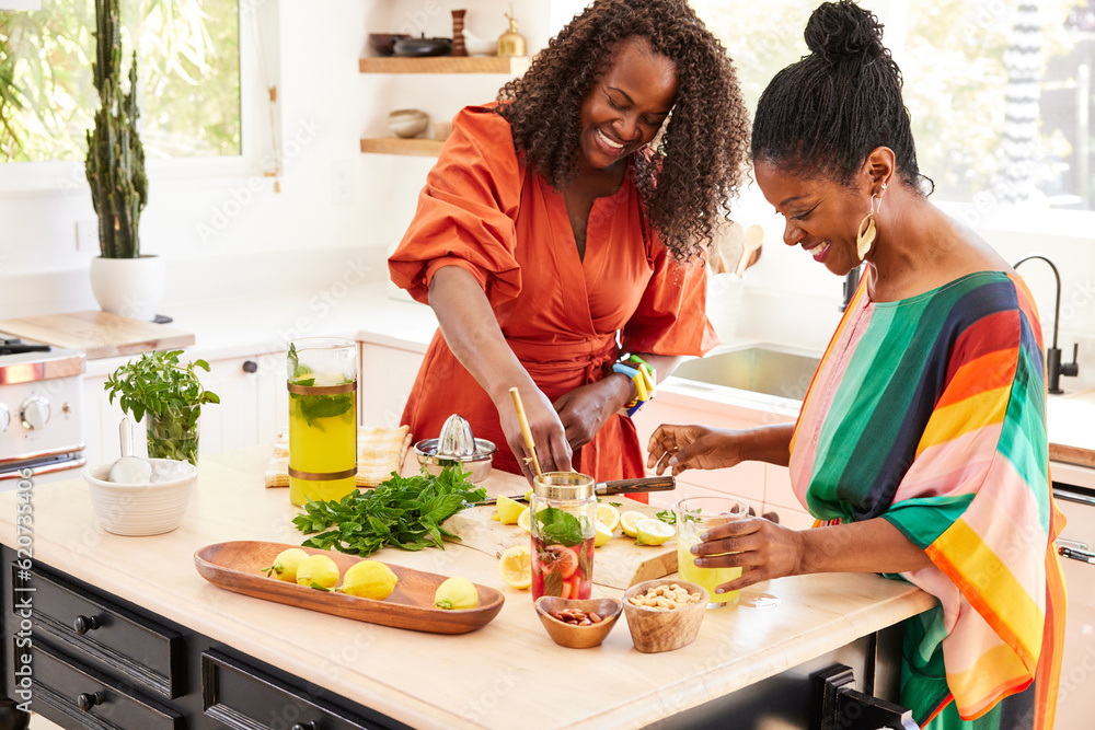 Mature Black women friends cooking together in the kitchen having fun ...