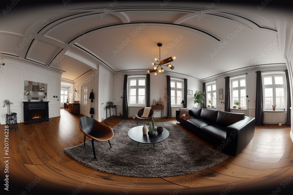 360 VR living room panorama with furniture in equirectangular ...