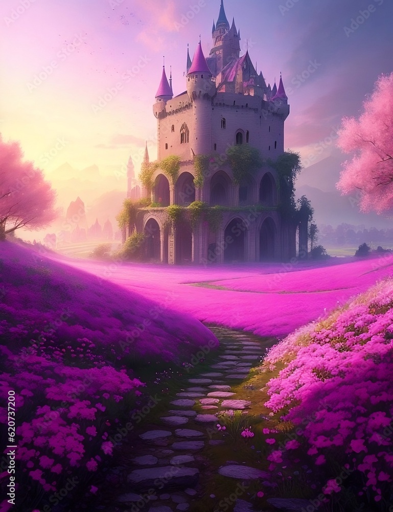 Fantasy elf ruins landscape at the dawn, flower field, big castle ruins ...