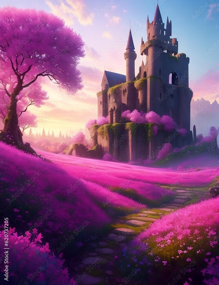 Fantasy elf ruins landscape at the dawn, flower field, big castle ruins ...