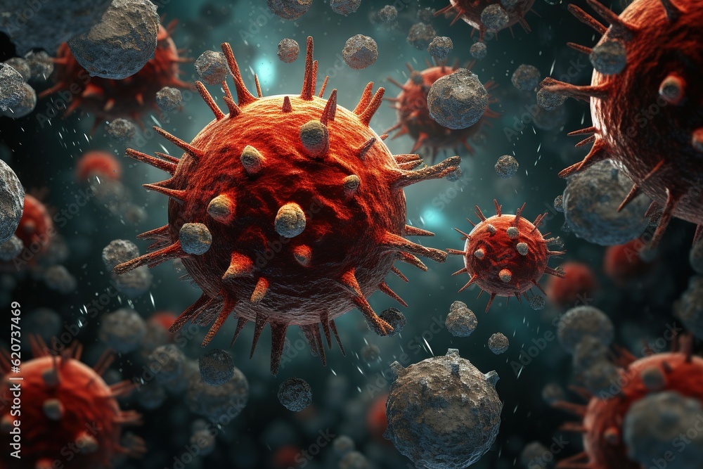 Red virus cell attacking immune system, disease, antibodies, pathogen ...
