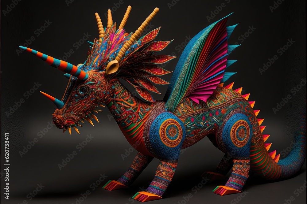 Alebrije dragon sculpture with horns. Isolated background. Mexican folk ...