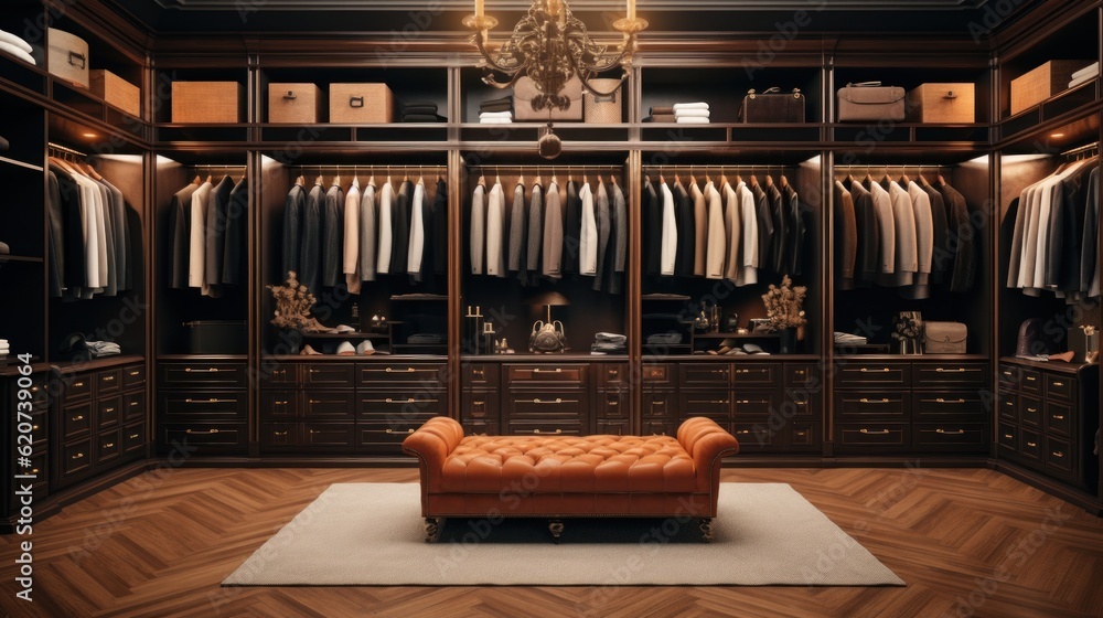 a photo of a interior of a luxury male wardrobe full of expensive suits ...