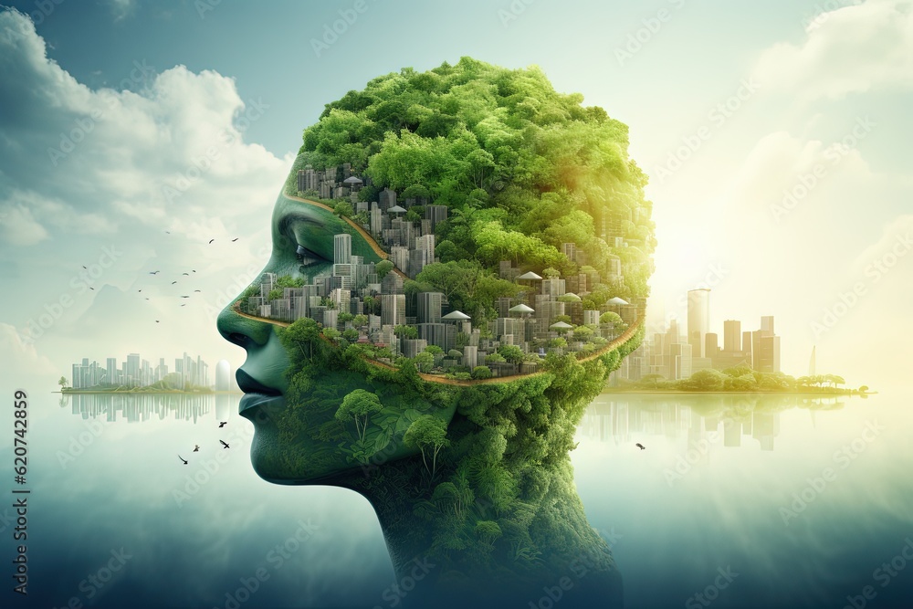 Double exposure of person thinking about green city, sustainability ...