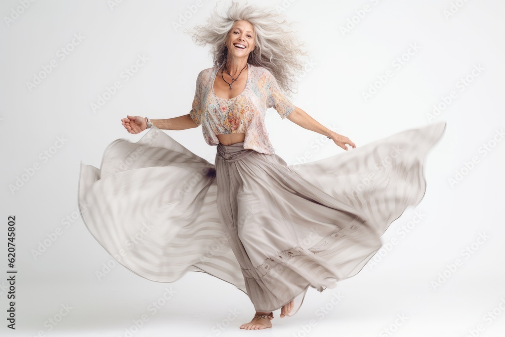 Full length portrait of a happy mature woman dancing isolated on a ...
